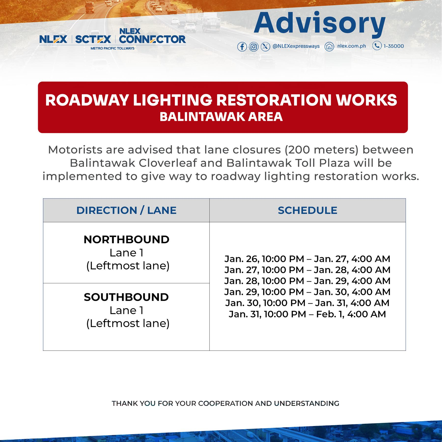 NLEX Lane Closures for Roadway Lighting Restoration in January